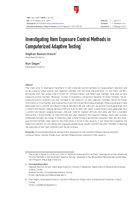Pdf Investigating Item Exposure Control Methods In Computerized