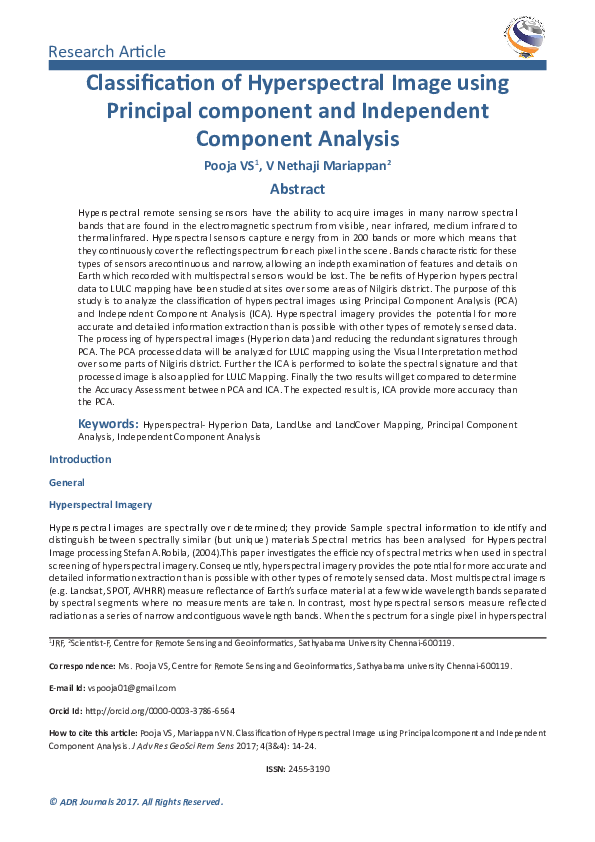 Pdf Classification Of Hyperspectral Image Using Principal Component And Independent Component