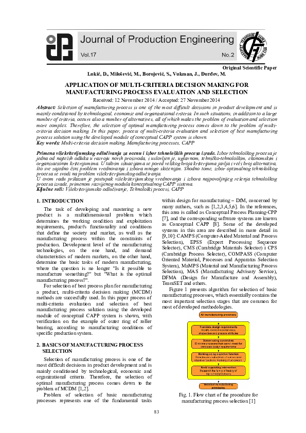 (PDF) APPLICATION OF MULTI-CRITERIA DECISION MAKING FOR MANUFACTURING ...