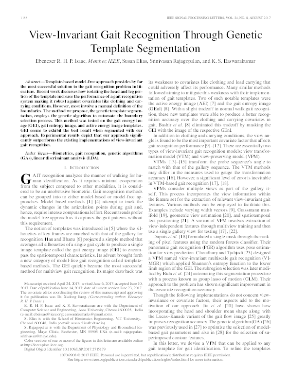 (PDF) View-Invariant Gait Recognition Through Genetic Template Segmentation | Ebenezer R H P ...