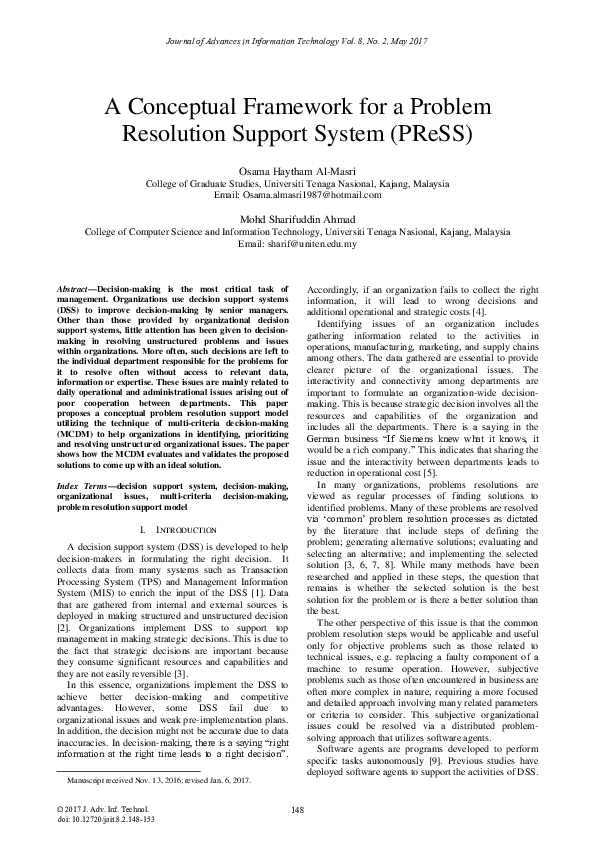 (PDF) A Conceptual Framework for a Problem Resolution Support System (PReSS