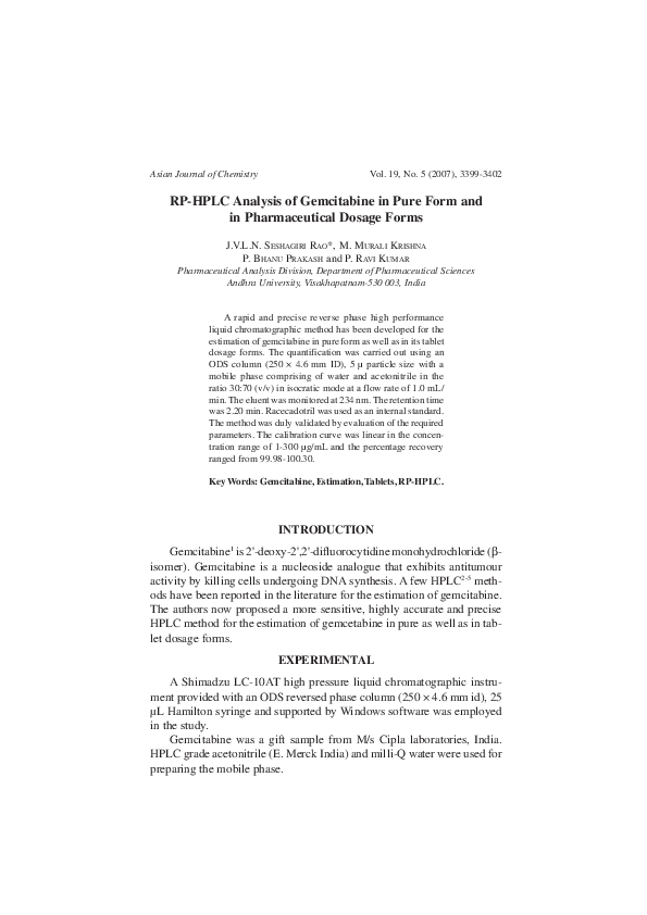 (PDF) RP-HPLC Analysis of Gemcitabine in Pure Form and in ...