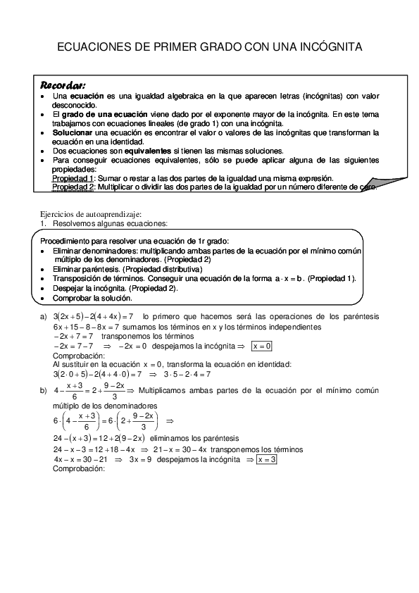 (PDF) ECUACIONES DE PRIMER GRADO CON UNA INCÓGNITA