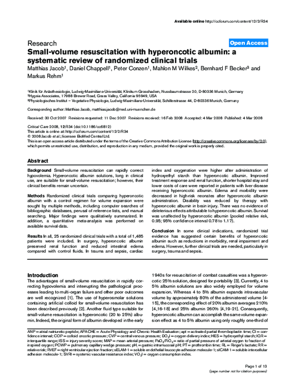 (PDF) Small-volume resuscitation with hyperoncotic albumin: a ...