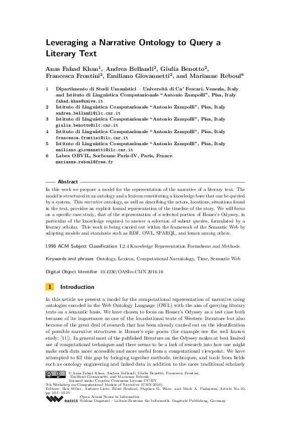 (PDF) Leveraging a Narrative Ontology to Query a Literary Text