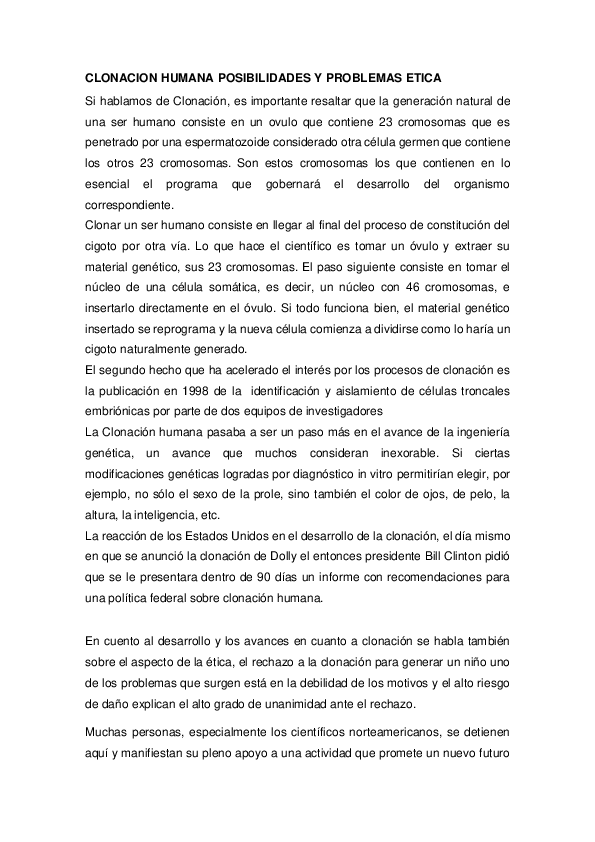 (DOC) CLONACION HUMANA POSIBILIDADES Y PROBLEMAS ETICA