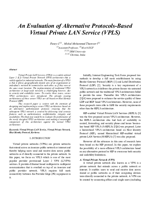 (PDF) An Evaluation of Alternative Protocols-Based Virtual Private LAN Service (VPLS