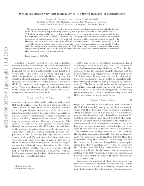 (PDF) Strong superadditivity and monogamy of the Rényi measure of ...
