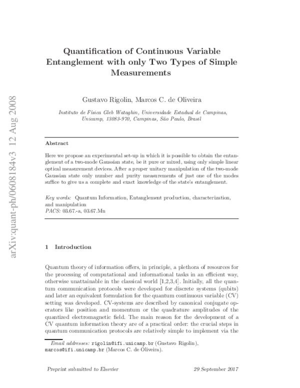 Pdf Quantification Of Continuous Variable Entanglement With Only Two