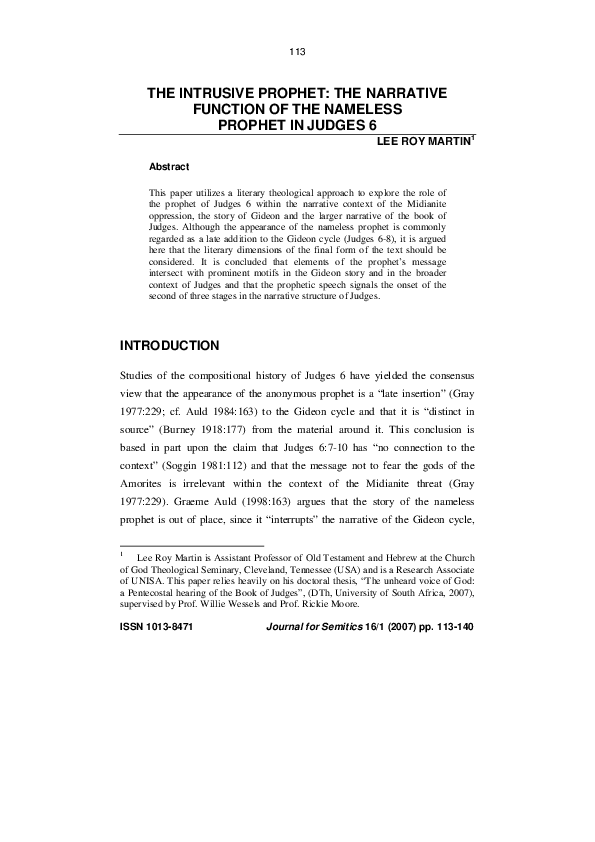 (PDF) THE INTRUSIVE PROPHET: THE NARRATIVE FUNCTION OF THE NAMELESS ...