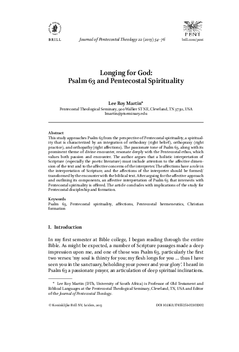 (PDF) Longing for God: Psalm 63 and Pentecostal Spirituality