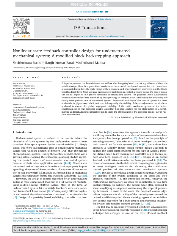 (PDF) Nonlinear state feedback controller design for underactuated mechanical system: A modified ...
