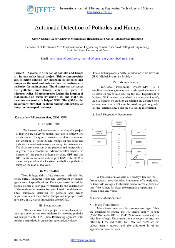 Pdf Automatic Detection Of Potholes And Humps Ijeets Journal
