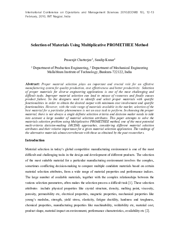 Pdf Selection Of Materials Using Multiplicative Promethee Method