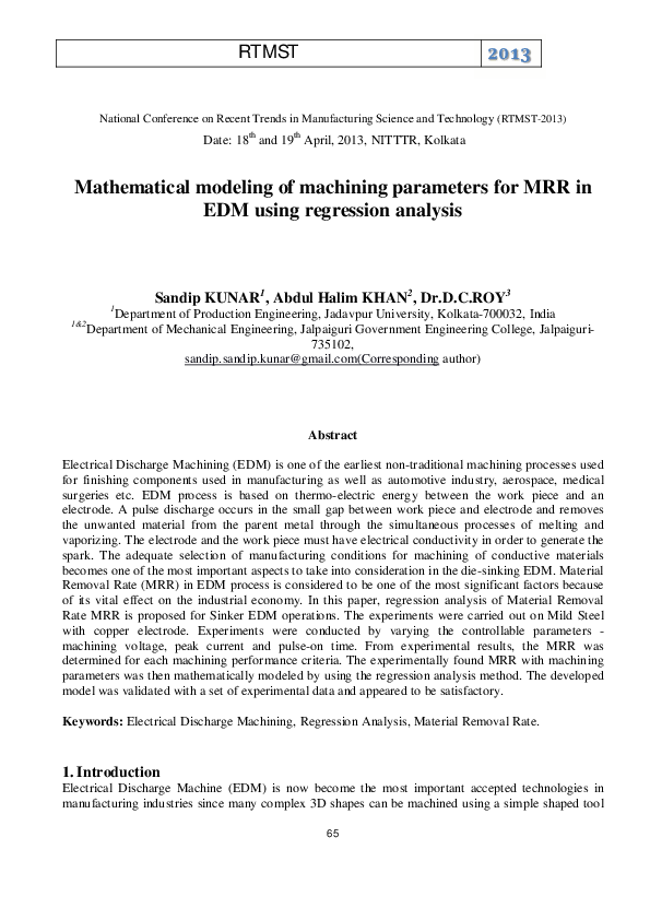 Pdf Mathematical Modeling Of Machining Parameters For Mrr In Edm Using Regression Analysis
