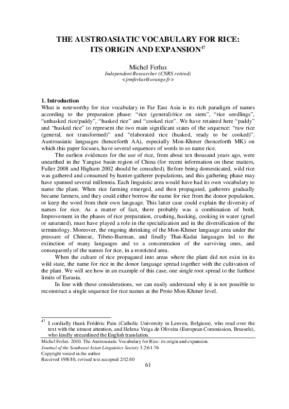 (PDF) The Austroasiatic vocabulary for rice: its origin and expansion