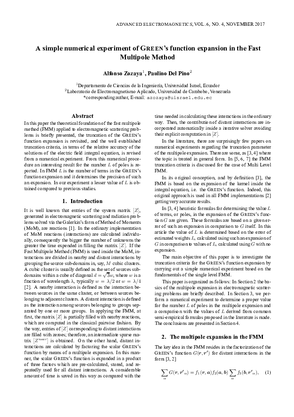(PDF) A simple numerical experiment of GREEN's function expansion in the Fast Multipole Method