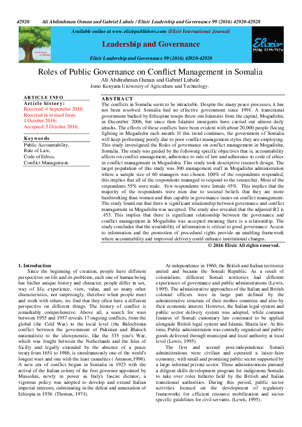 (PDF) Elixir International Journal - Roles of Public Governance on Conflict Management in ...