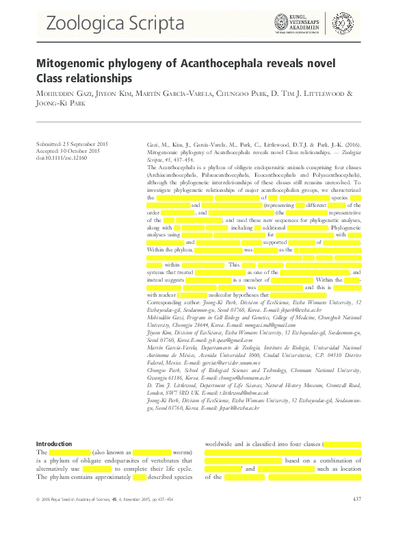 (PDF) Mitogenomic phylogeny of Acanthocephala reveals novel Class ...