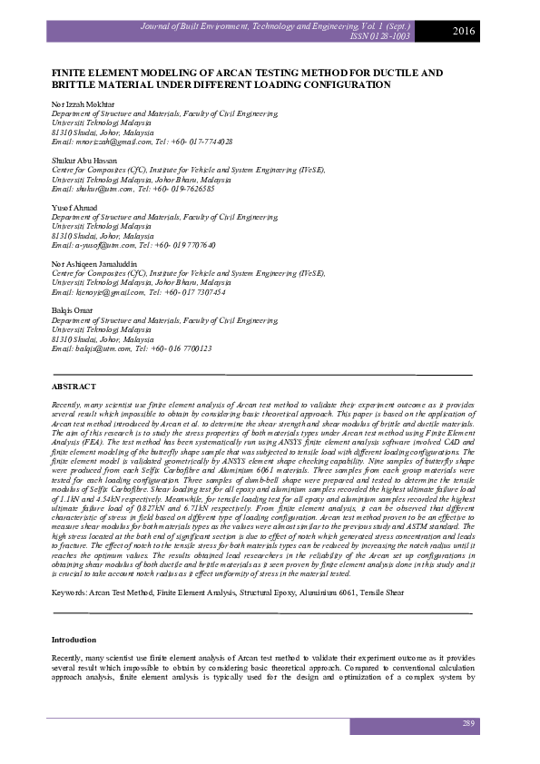 (PDF) FINITE ELEMENT MODELING OF ARCAN TESTING METHOD FOR DUCTILE AND ...