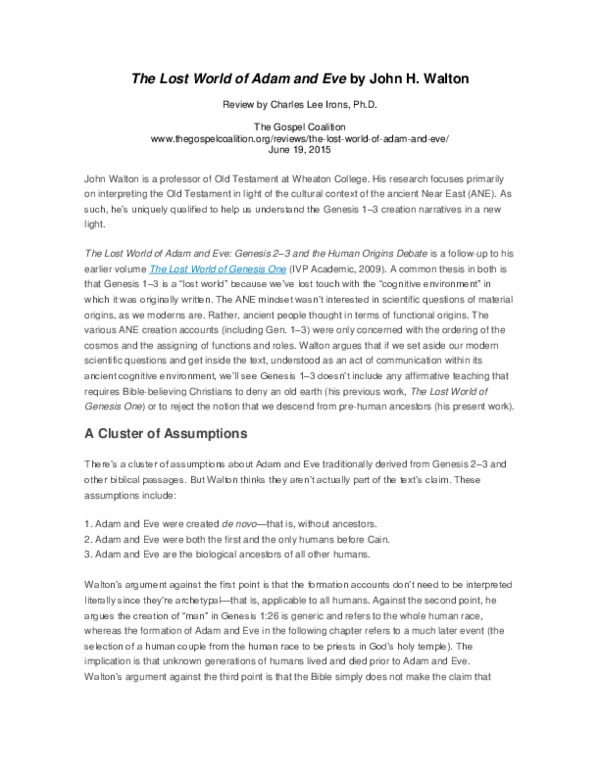 (PDF) Review of The Lost World of Adam and Eve by John H. Walton