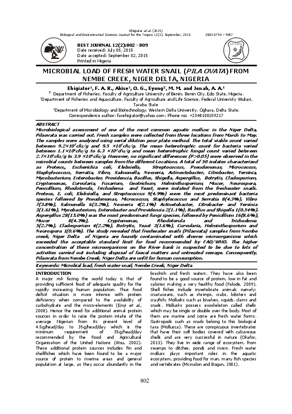 (PDF) MICROBIAL LOAD OF FRESH WATER SNAIL (PILA OVATA) FROM NEMBE CREEK ...