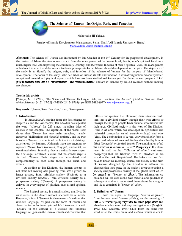 (PDF) The Science of`Umran: Its Origin, Role, and Function