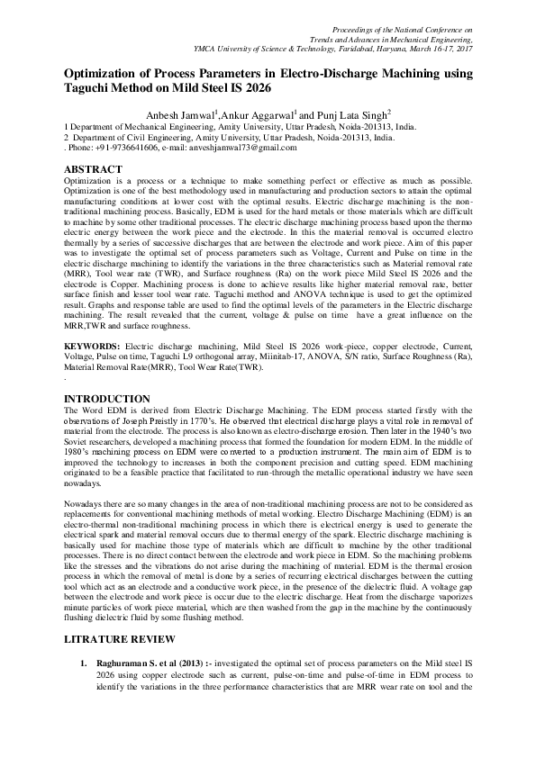 (PDF) Optimization of Process Parameters in Electro-Discharge Machining using Taguchi Method on ...