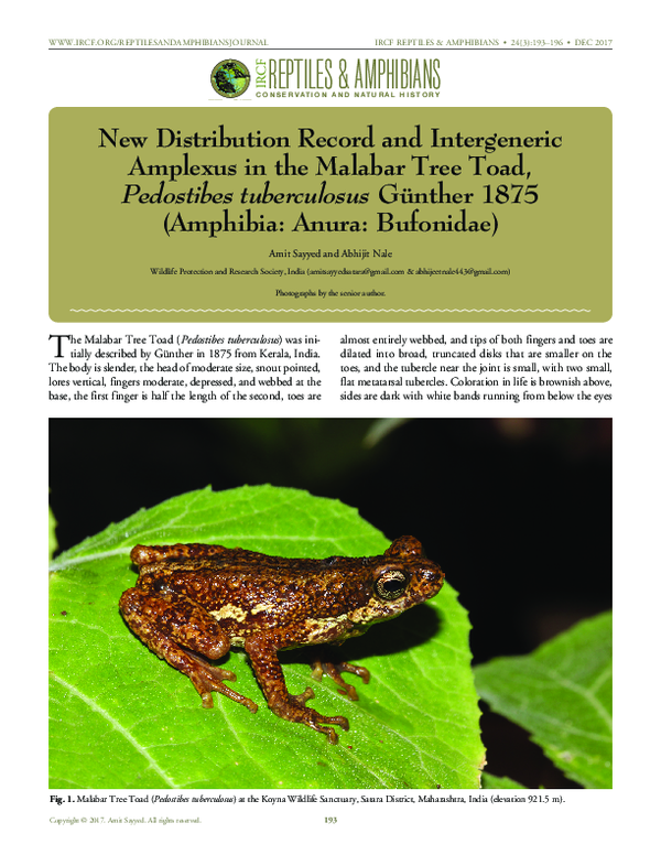 (PDF) New Distribution Record and Intergeneric Amplexus in the Malabar ...