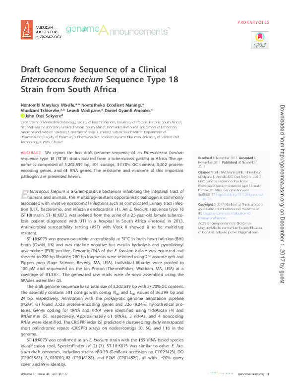 Pdf Draft Genome Sequence Of A Clinical Enterococcus Faecium Sequence Type 18 Strain From