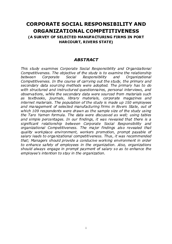(DOC) CORPORATE SOCIAL RESPONSIBILITY AND ORGANIZATIONAL COMPETITIVENESS (A SURVEY OF SELECTED ...