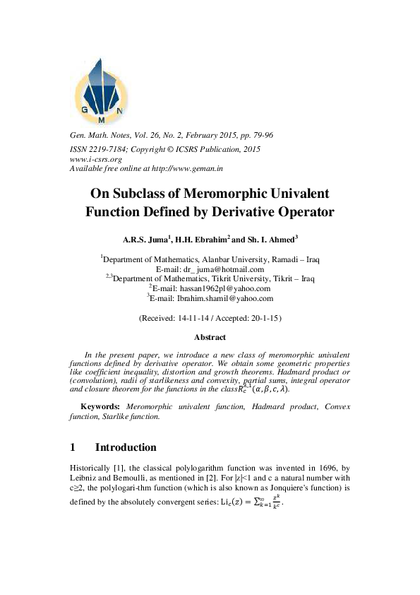 (PDF) On Subclass of Meromorphic Univalent Function Defined by Derivative Operator