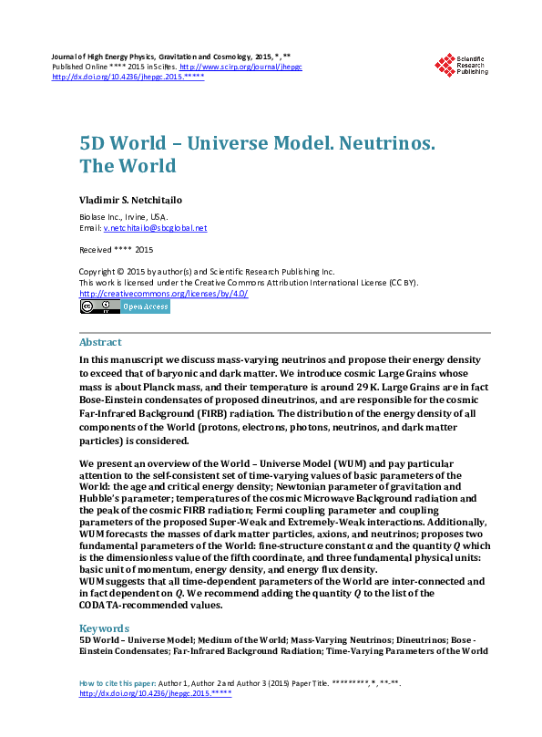 (DOC) 5D World – Universe Model. Neutrinos. The World