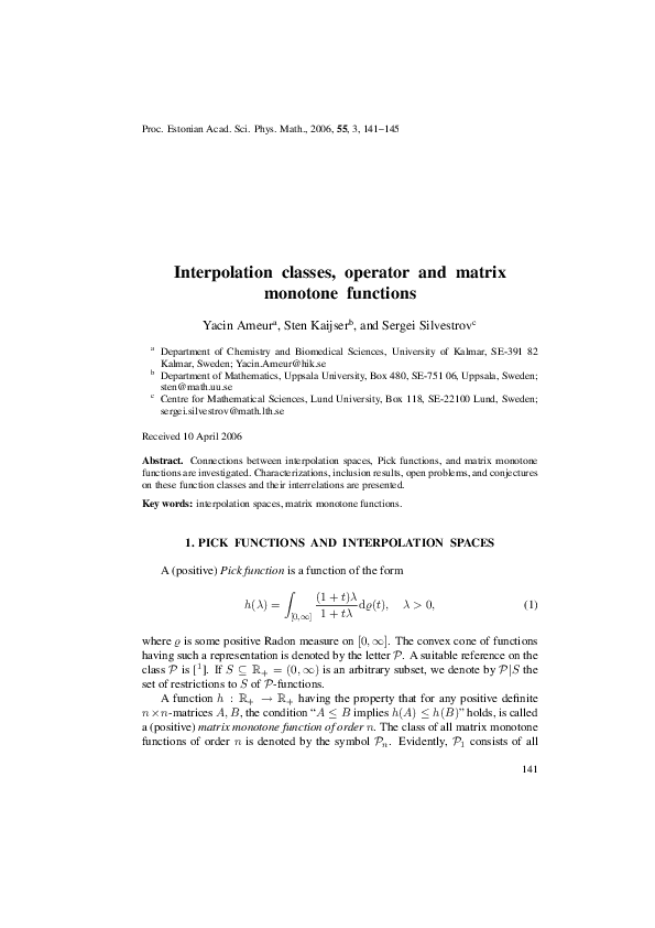 Interpolation Classes Operator And Matrix Monotone Functions