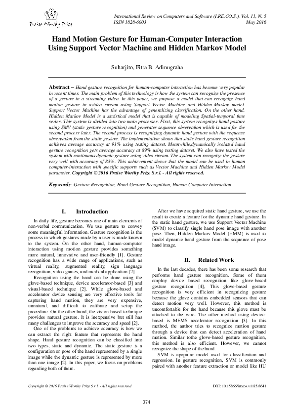 (PDF) Hand Motion Gesture for Human-Computer Interaction Using Support Vector Machine and Hidden ...