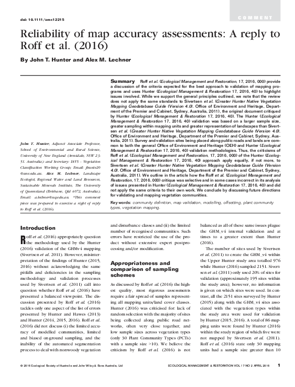 (PDF) Reliability of map accuracy assessments: A reply to Roff et al. (2016 (PDF) Reliability of map accuracy assessments: A reply to Roff et al. (2016