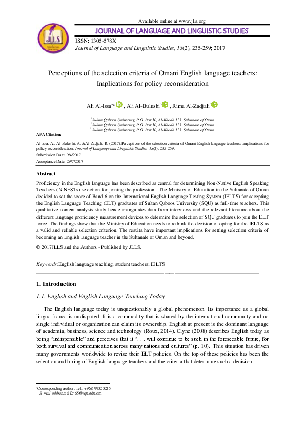 (PDF) JOURNAL OF LANGUAGE AND LINGUISTIC STUDIES Perceptions of the ...