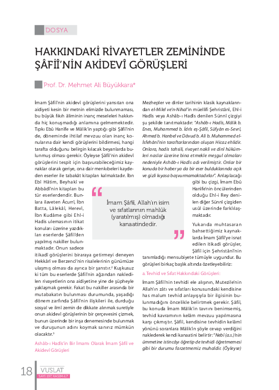 (PDF) Hakkındaki Rivayetler Zemininde Şâfiî’nin Akidevî Görüşleri