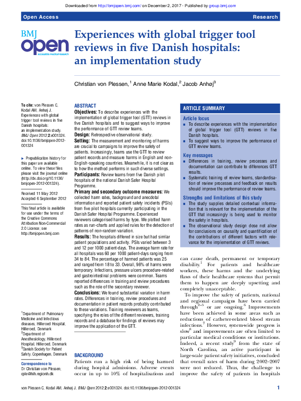 (PDF) Experiences with global trigger tool reviews in five Danish ...