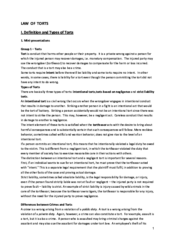 (PDF) LAW OF TORTS I. Definition and Types of Torts