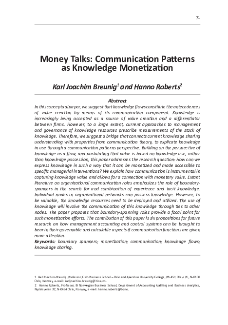 (PDF) Money talks: Communication Patterns as Knowledge Monetization