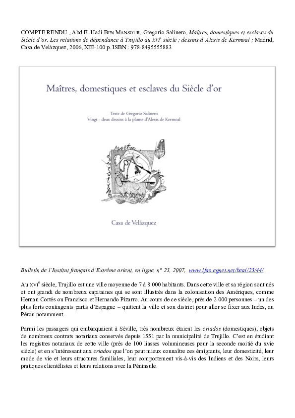 Gregorio Salinero, Maîtres, domestiques et esclaves de l’Espagne du ...