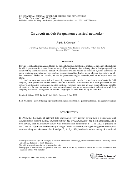 (PDF) On circuit models for quantum-classical networks