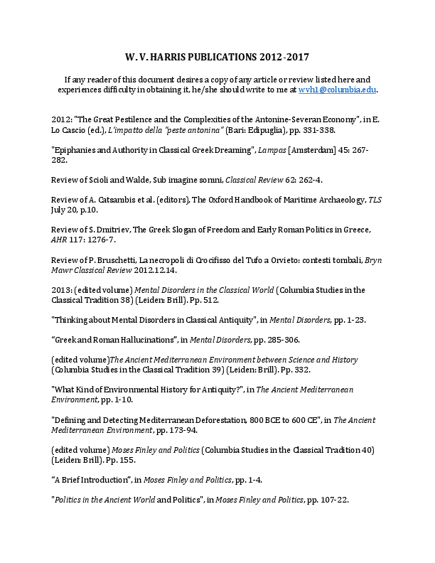 (DOC) Publications of W. V. Harris, 2012-2017