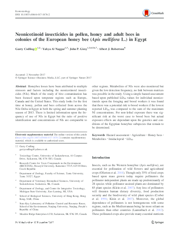 (PDF) Neonicotinoid insecticides in pollen, honey and adult bees in ...