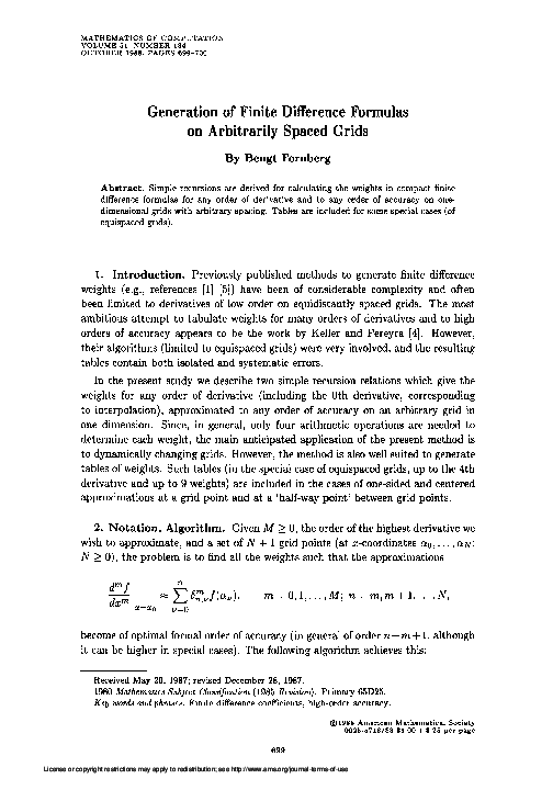 (PDF) Generation of Finite Difference Formulas on Arbitrarily Spaced Grids