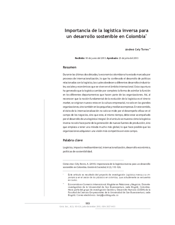 (PDF) Importancia de la logística inversa para un desarrollo sostenible en Colombia
