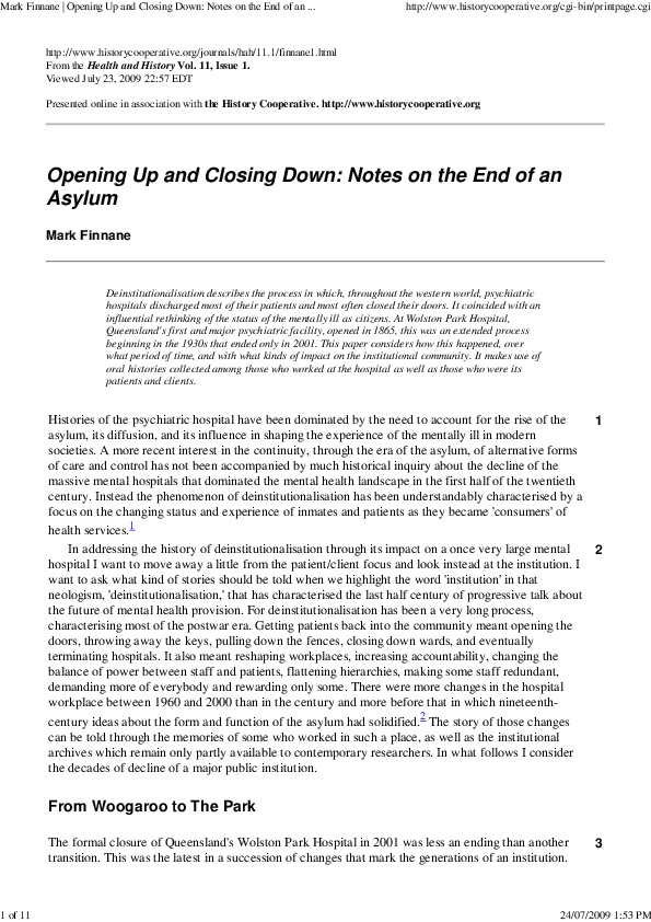 (PDF) Opening up and closing down: notes on the end of an asylum
