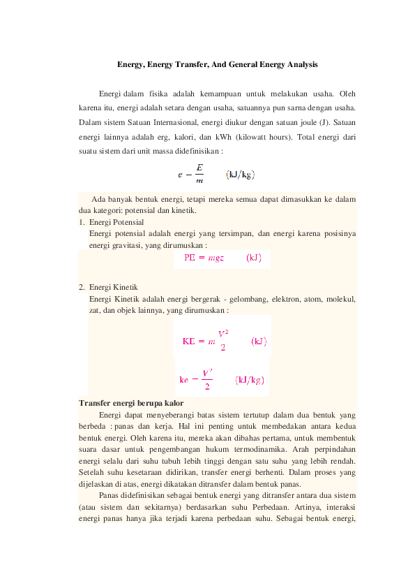 (DOC) Energy, Energy Transfer, And General Energy Analysis