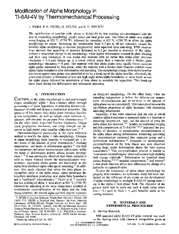 (PDF) Modification of Alpha Morphology in Ti-6AI-4V by Thermomechanical ...